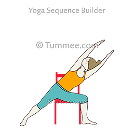 Pose de ângulo lateral estendido, cadeira sentada com ambos os braços ...